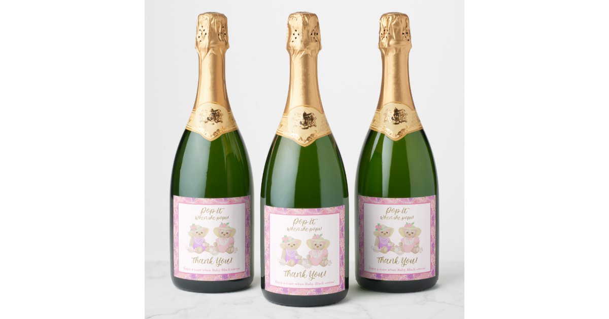 Pink Teddy Tea Pop It When She Pops Baby Shower Sparkling Wine Label ...
