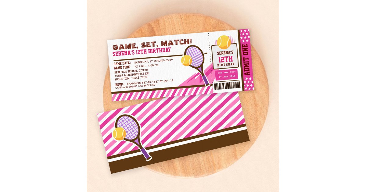Pink Tennis Ticket Pass Birthday Party Invitation | Zazzle