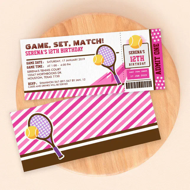 Pink Tennis Ticket Pass Birthday Party Invitation | Zazzle