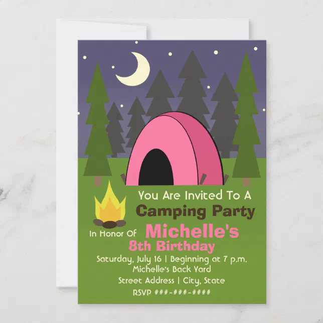 Pink Tent Camping Birthday Party Invitation | Zazzle