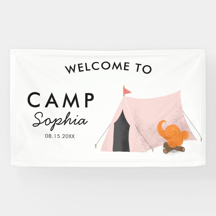 Pink Tent Camping Birthday Party Welcome Banner | Zazzle
