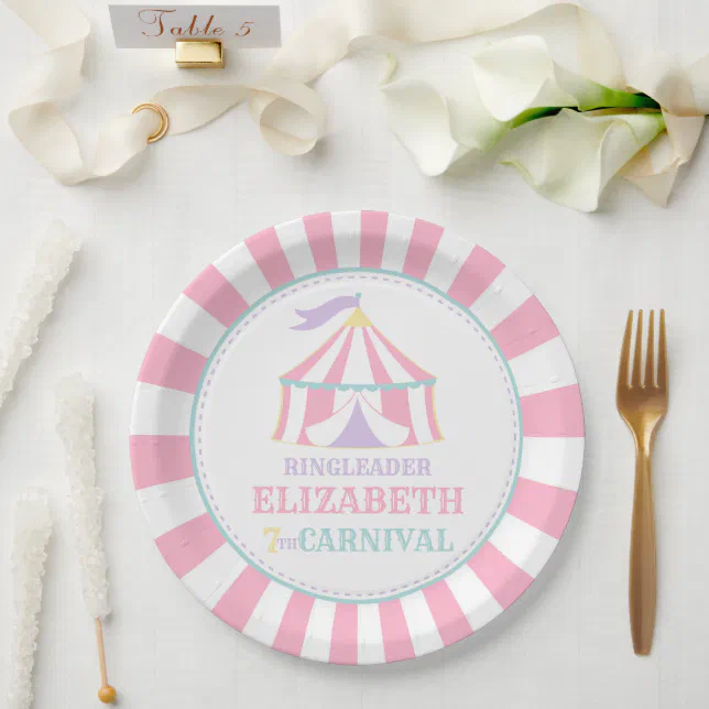 Pink Tent Circus Carnival Birthday Party Plates | Zazzle