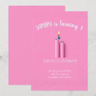 Pink themed 1st birthday invitation with candle | Zazzle