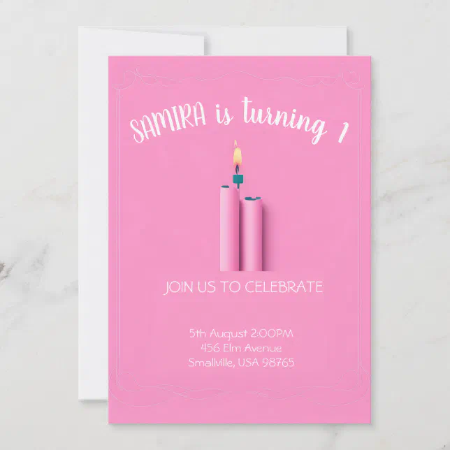 Pink themed 1st birthday invitation with candle | Zazzle