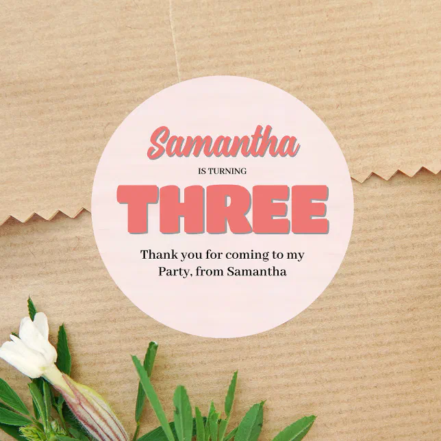 Pink Third Birthday Girl Party Floral Classic Round Sticker | Zazzle