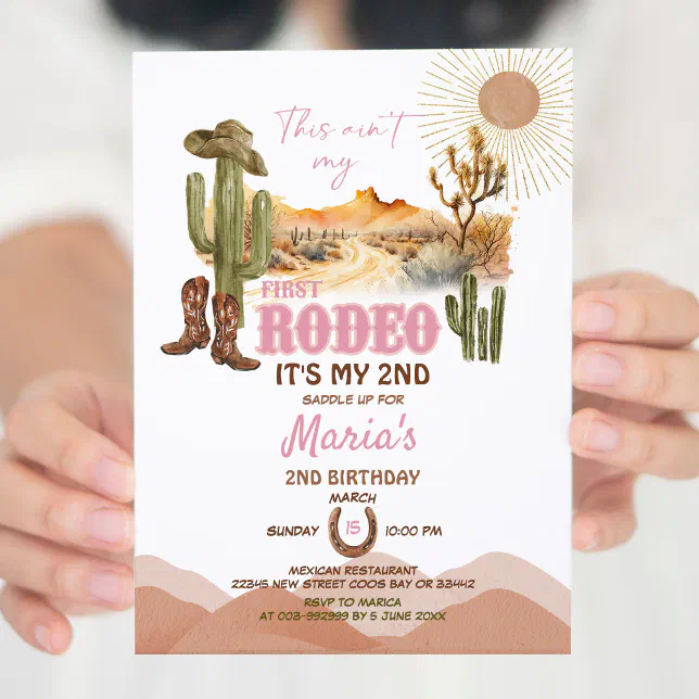 Pink This Aint My First Rodeo 2nd Birthday Cowboy Invitation | Zazzle