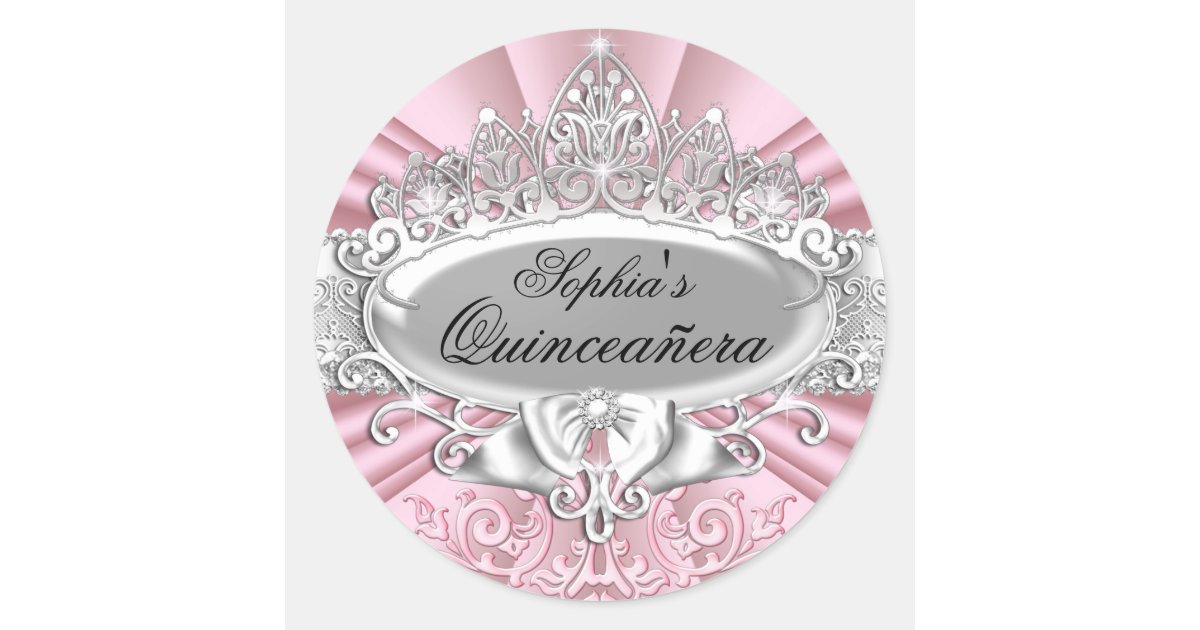 Pink Tiara & Damask Quinceanera Sticker | Zazzle