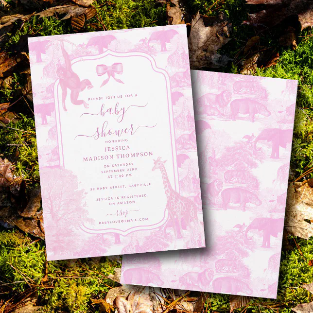 Pink Toile Safari Animals Chinoiserie Baby Shower Invitation | Zazzle