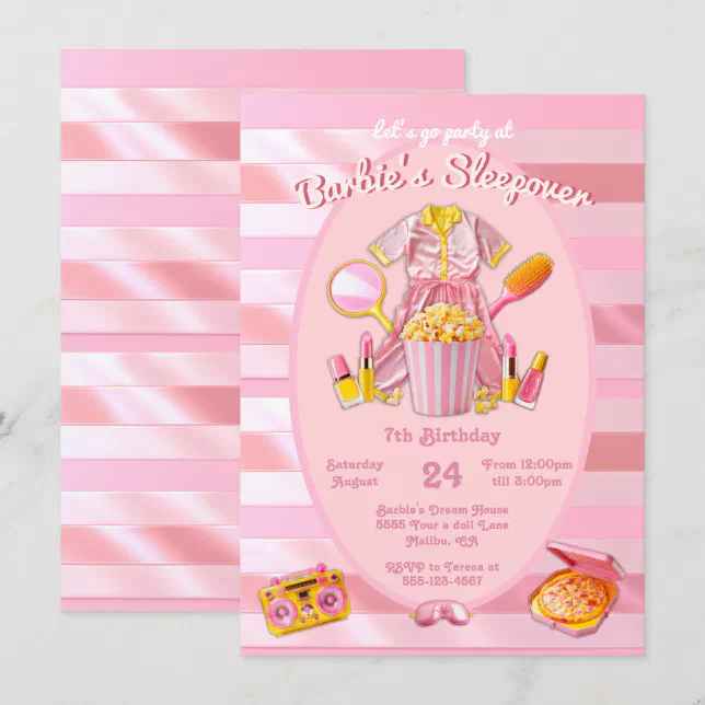 Pink toy doll Sleepover Slumber Birthday Party Invitation | Zazzle