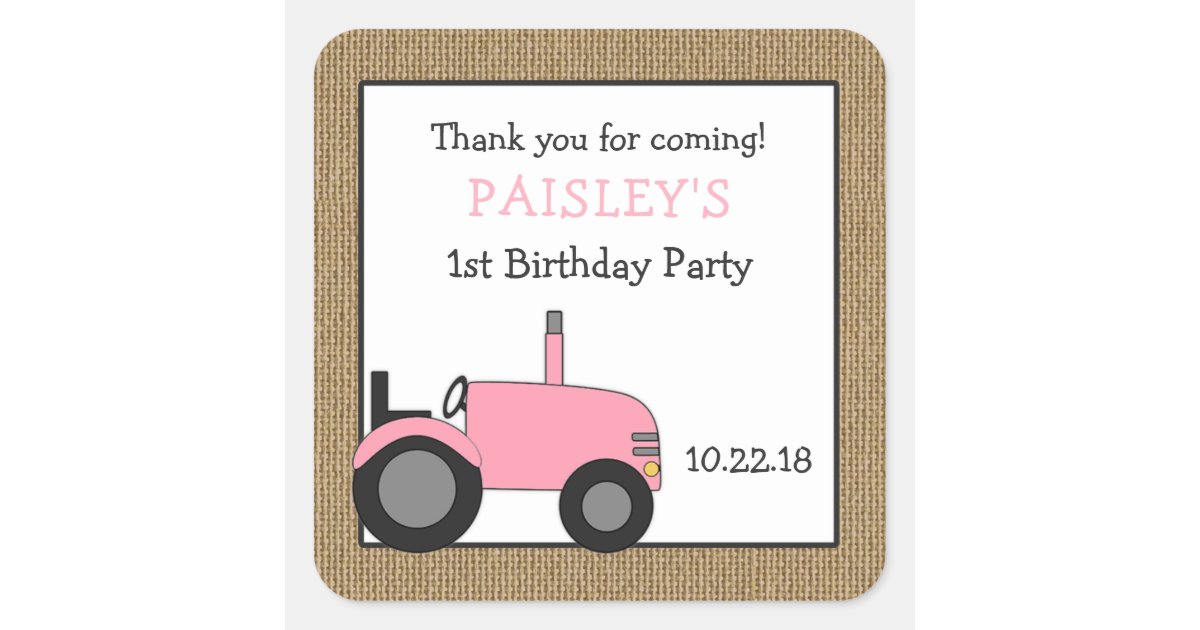 Pink tractor birthday party favor sticker | Zazzle