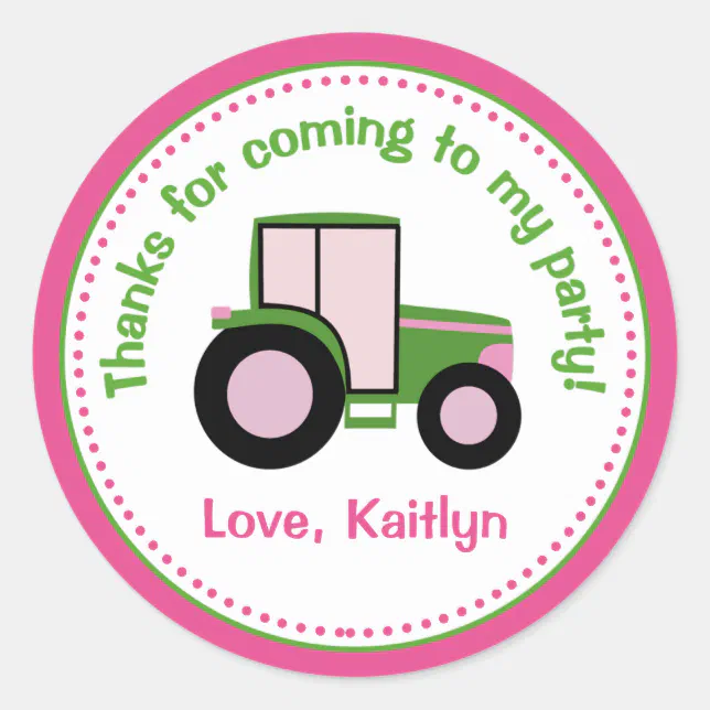 Pink Tractor Birthday Party Favor Stickers | Zazzle