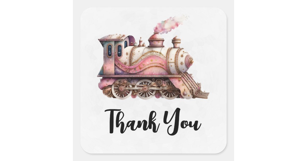 Pink Train Engine Vintage Steampunk Thank You Square Sticker | Zazzle