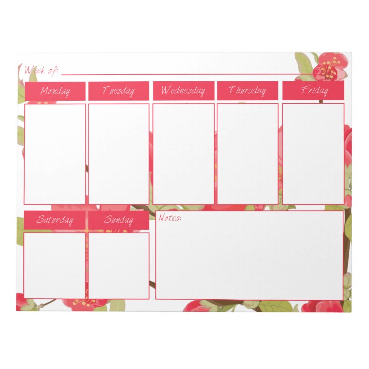 Pink Tree Blossoms Weekly Calendar Notepad | Zazzle