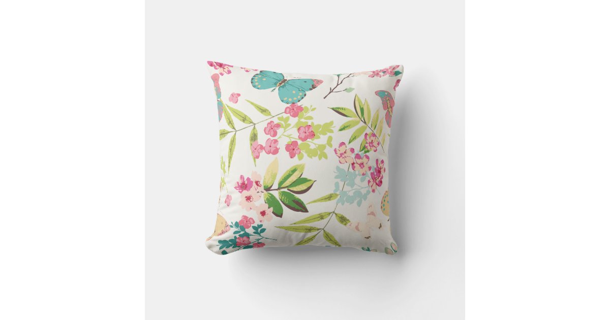 Pink Tropical Butterfly Floral Girly Flower Print Throw Pillow | Zazzle