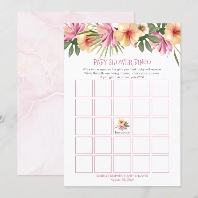 Pink Tropical Floral Blooms Baby Shower Bingo Card | Zazzle