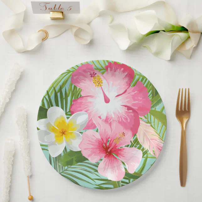 Pink Tropical Hibiscus Flowers Paper Plates | Zazzle