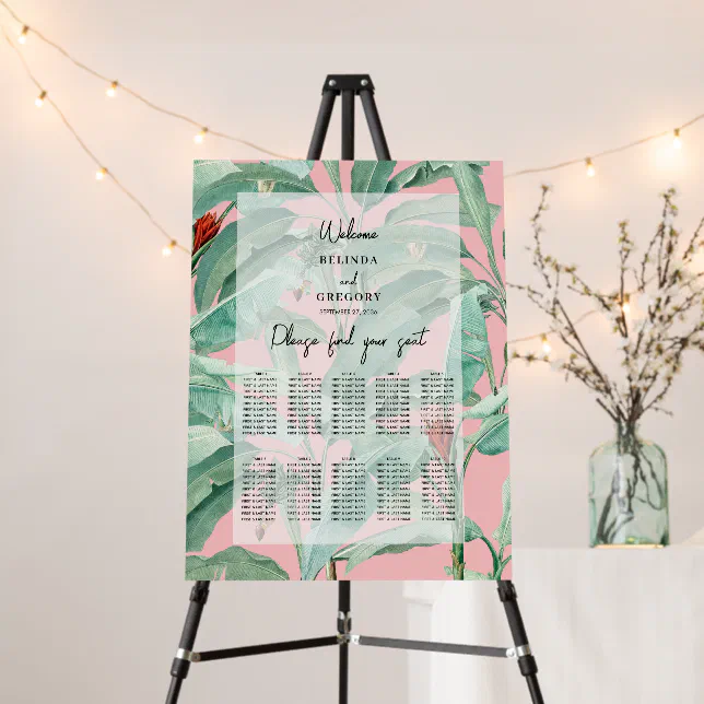 Pink Tropical Palm Leaves Wedding Seating Chart Foam Board | Zazzle