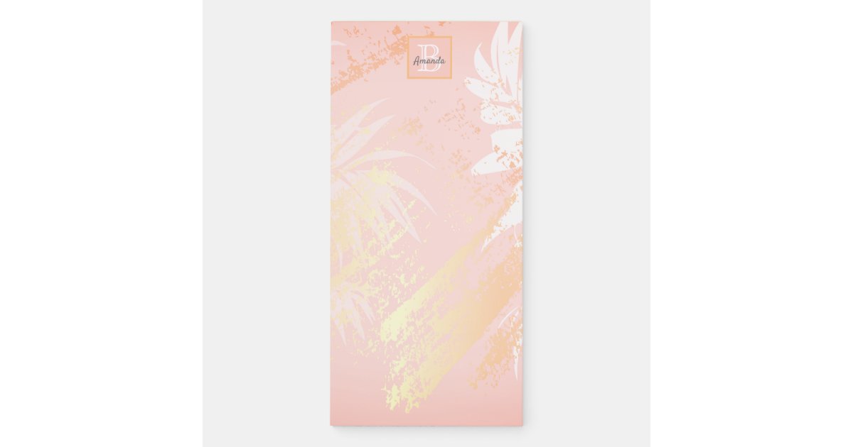 Pink tropical palm tree leaves rose gold monogram magnetic notepad | Zazzle