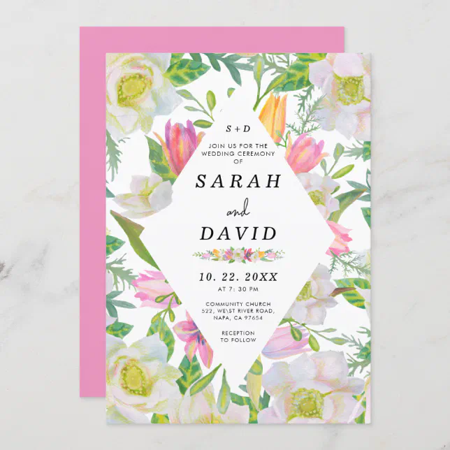 Pink Tulip Floral Geometric Frame Wedding Invite | Zazzle