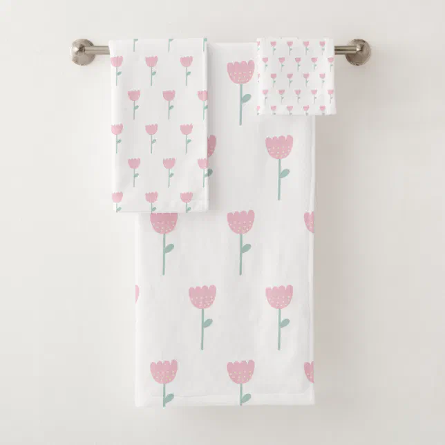 Pink Tulip Floral Minimalistic Simple Girly Cute Bath Towel Set | Zazzle