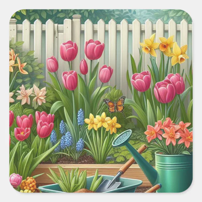 Pink Tulip Garden Floral Square Sticker | Zazzle
