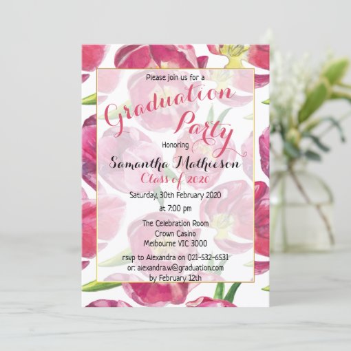 Pink Tulip Pattern Floral Graduation Invitation | Zazzle