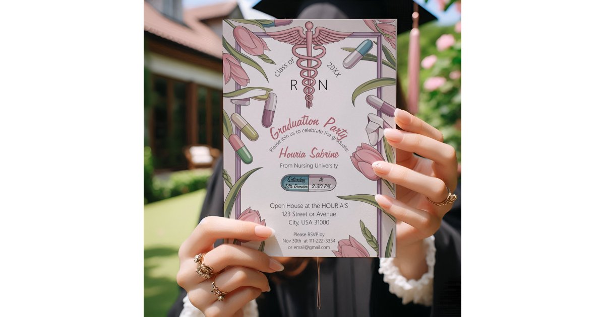 Pink Tulips & Capsules Nurse Graduation invitation | Zazzle