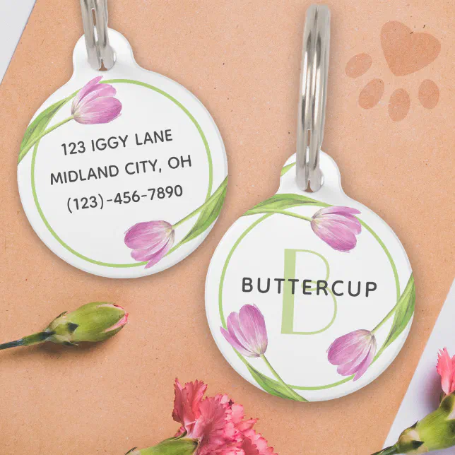 Pink tulips Spring Elegant floral Custom Name Pet ID Tag | Zazzle