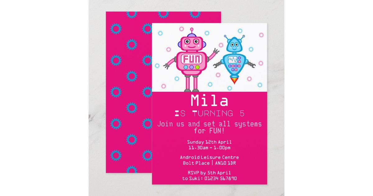 Pink & Turquoise Robots Birthday Party Invitation | Zazzle