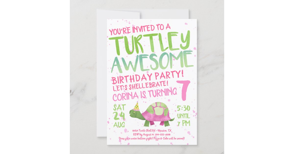 Pink Turtle Tortoise Birthday Party Invitation | Zazzle