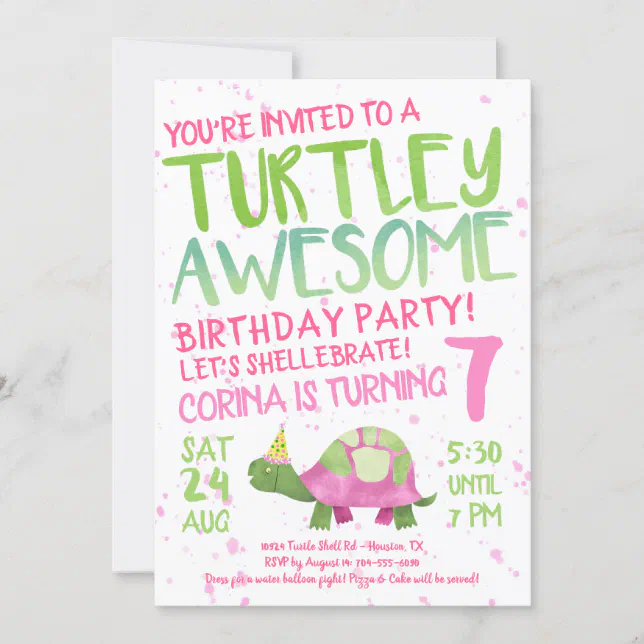 Pink Turtle Tortoise Birthday Party Invitation | Zazzle