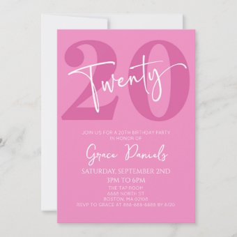 Pink Twenty 20th Twentieth Birthday Party Invitation | Zazzle