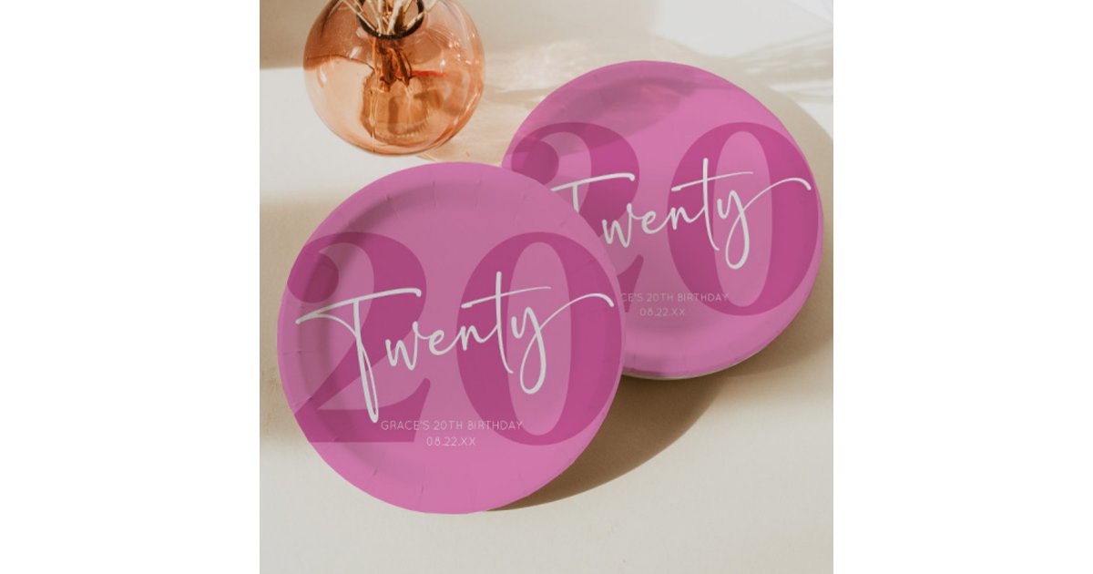 Pink Twenty 20th Twentieth Birthday Party Paper Plates | Zazzle