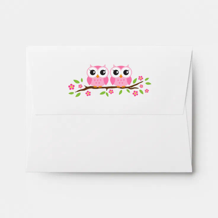 Pink twin girl owls on floral branch envelope | Zazzle