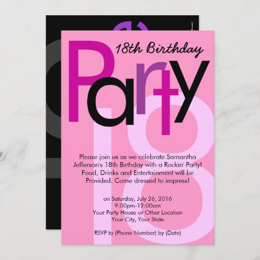 Pink Type 18th Birthday Party Invitation | Zazzle