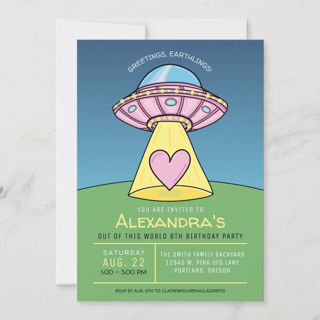 Pink UFO Alien Birthday Party Invitation | Zazzle