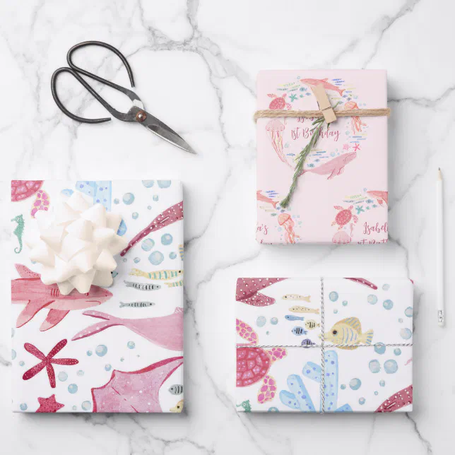Pink Under The Sea 1st Birthday Wrapping Paper Sheets | Zazzle
