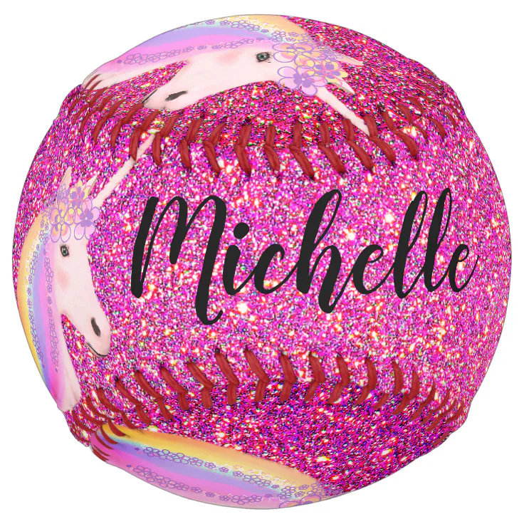 Pink Unicorn Glitter Sparkles Girl's Personalized Softball | Zazzle