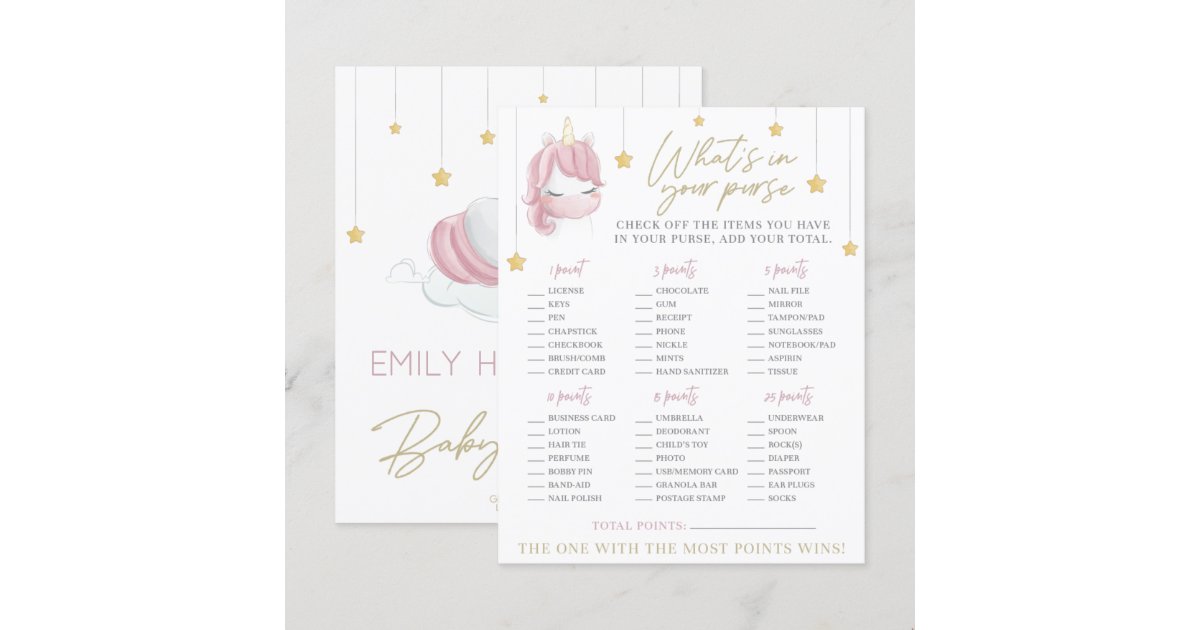 Pink Unicorn Stars Baby Shower Purse Game | Zazzle