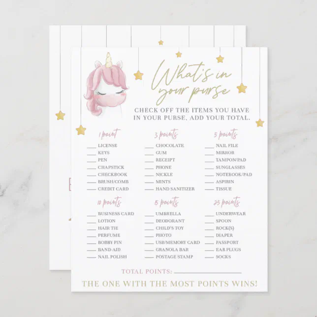 Pink Unicorn Stars Baby Shower Purse Game | Zazzle