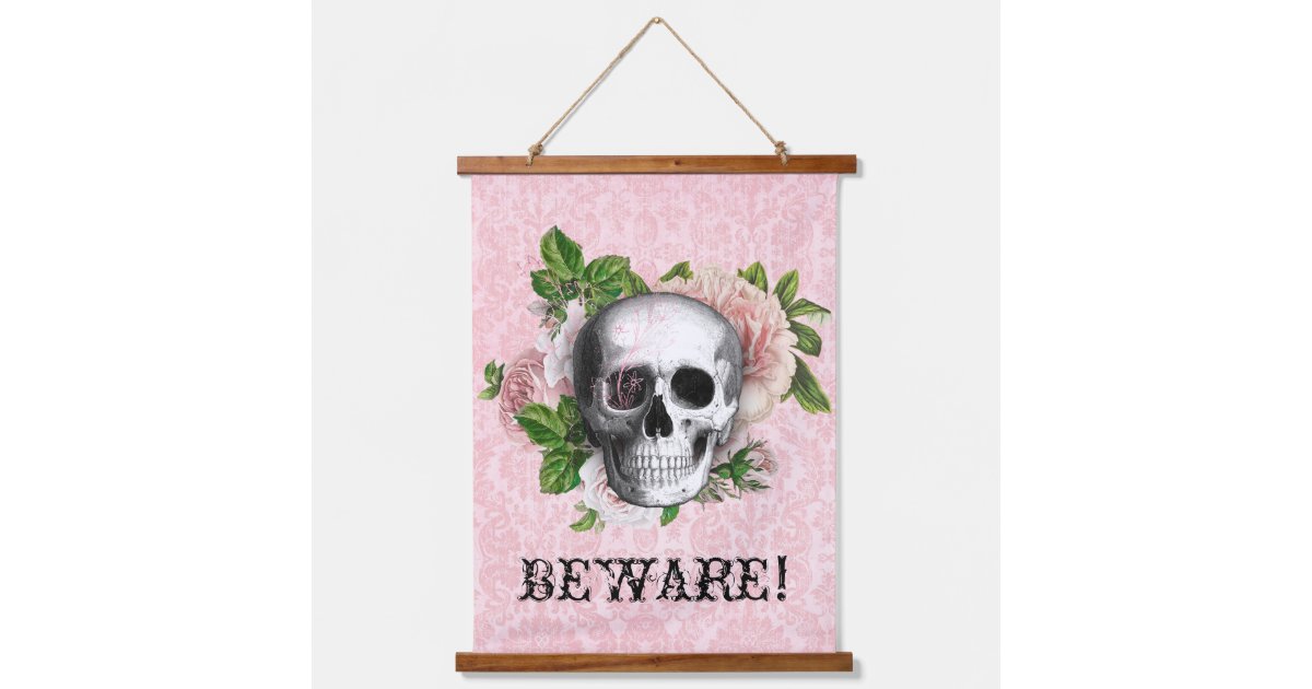Pink Victorian Gothic Skull Halloween Beware Sign Hanging Tapestry | Zazzle