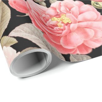 Pink Victorian Roses on Black Pattern Wrapping Paper | Zazzle