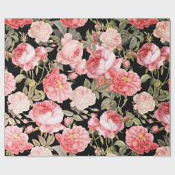 Pink Victorian Roses on Black Pattern Wrapping Paper | Zazzle