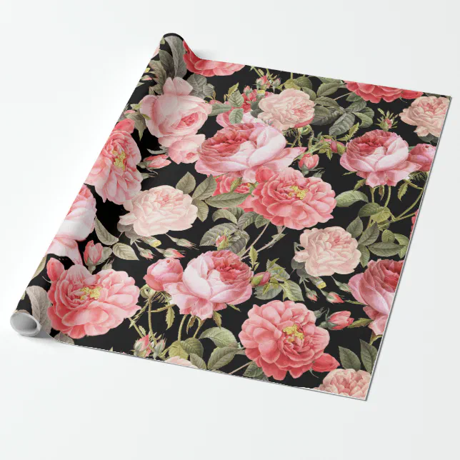Pink Victorian Roses on Black Pattern Wrapping Paper | Zazzle