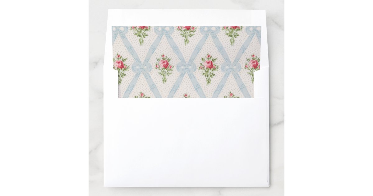 Pink Victorian Roses w/Blue Ribbon Lattice Envelope Liner | Zazzle