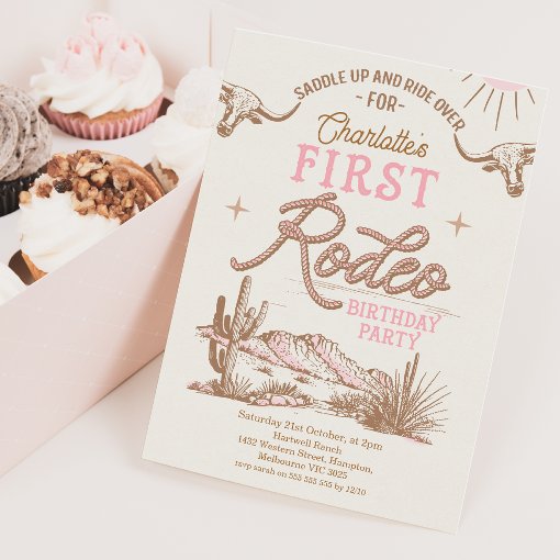 Pink Vintage Desert First Rodeo 1st Birthday Invitation | Zazzle
