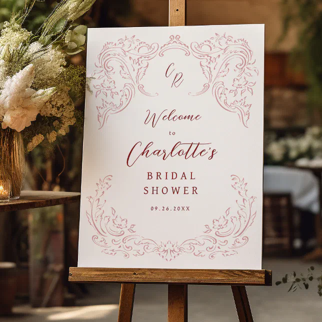 Pink Vintage Flourish Monogram Bridal Shower Sign | Zazzle