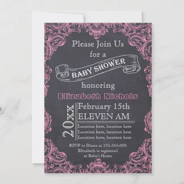 Pink vintage frame and chalkboard baby shower invitation | Zazzle