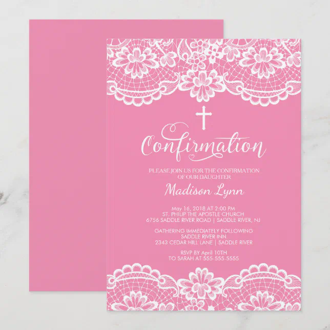 Pink Vintage Lace Confirmation Invitation | Zazzle