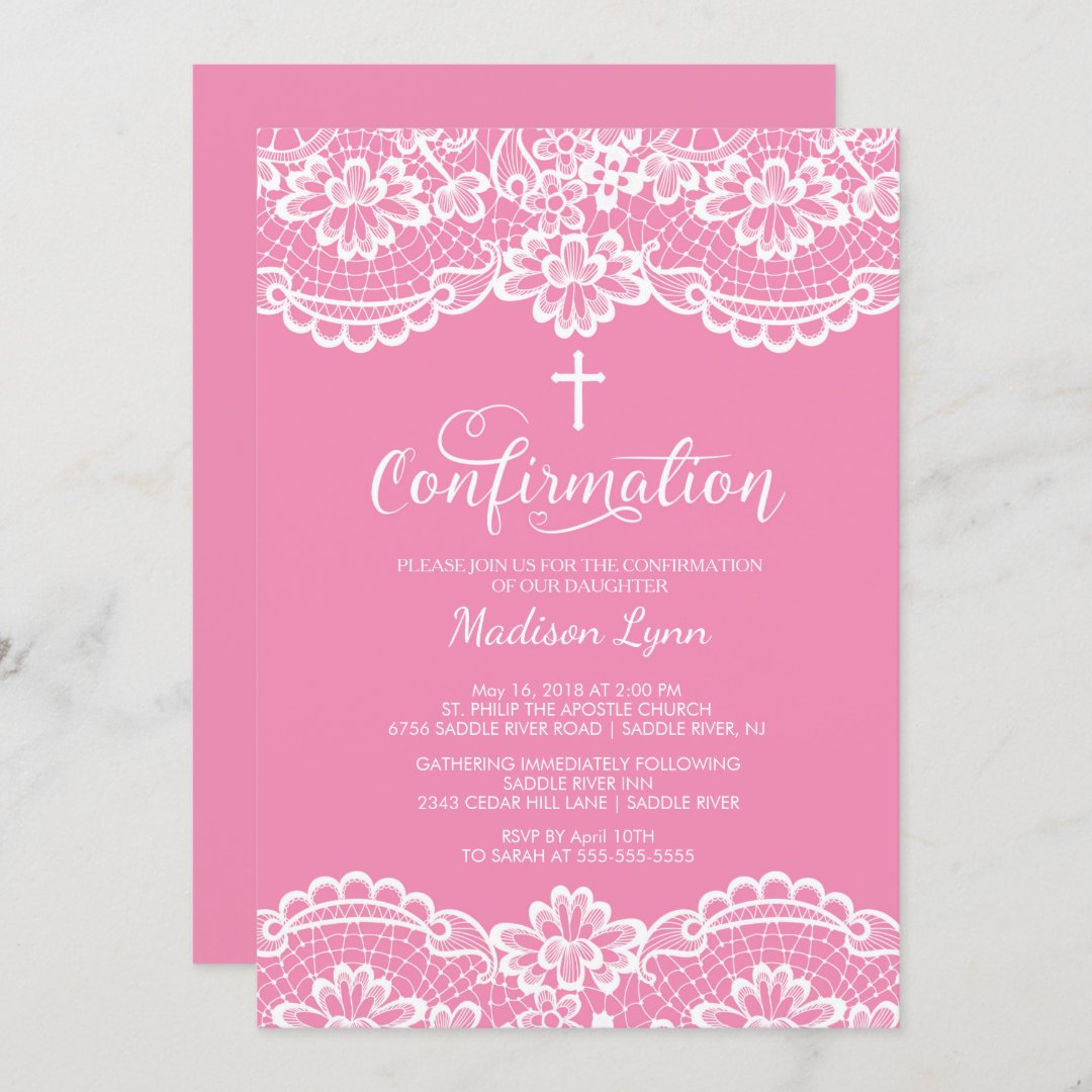 Pink Vintage Lace Confirmation Invitation | Zazzle